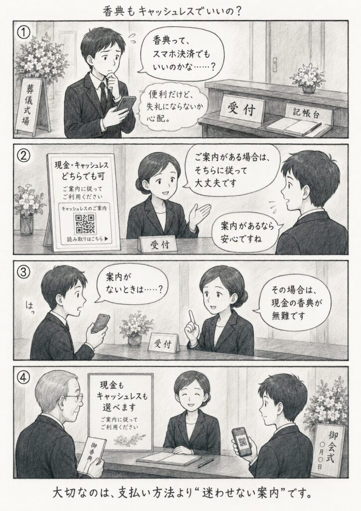 香典はキャッシュレスでもいい？葬儀会場決済の動きと失礼にならない条件 | ホッとする終活ブログ
